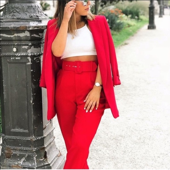 Zara | Pants & Jumpsuits | Zara High Waisted Red Pants With Belt | Poshmark